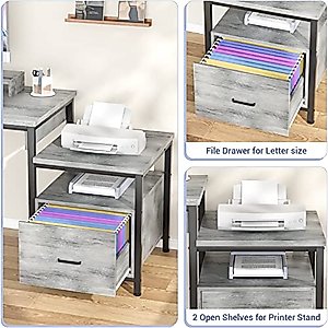 Aheaplus L Shaped Desk with Power Outlet, Standing Home Office Desk with Lift Top and File Drawer, 63'' Corner Computer Desk with Monitor Stand&Printer Shelves, Gaming Desk with Led Lights, White Oak