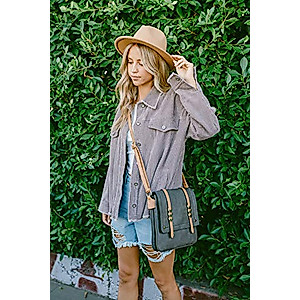 ALYSSA Double Compartment Large Two-Tone Colorblock Flapover Crossbody Bag (Charcoal Grey/Black)