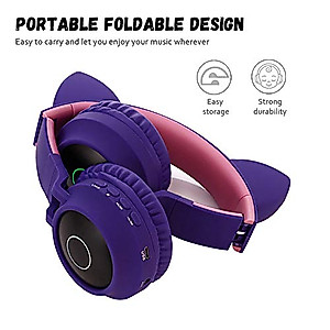 Luckyu Kids Bluetooth 5.0 Cat Ear Headphones Foldable On-Ear Stereo Wireless Headset with Mic LED Light and Volume Control Support FM RadioTF CardAux in Compatible with Smartphones PC Tablet (Red)