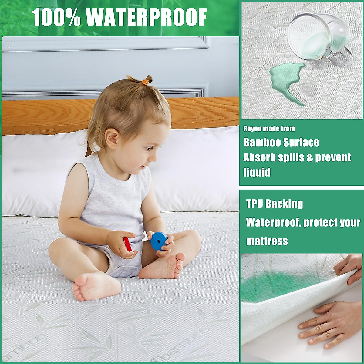 JamRest Waterproof Mattress Protector Queen Size, Viscose Cooling Breathable Mattress Cover, Fitted Deep Pocket Mattress Pad Cover Stretches up to 22 Inches, Noiseless Soft Bed Cover