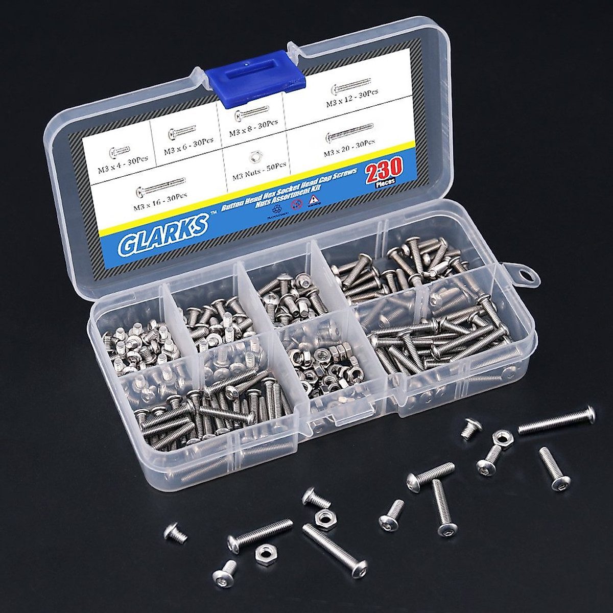 Glarks 230Pcs M3 Stainless Steel Allen Hex Drive Button Head Socket Cap Bolts Screws Nuts Assortment Kit (M3)