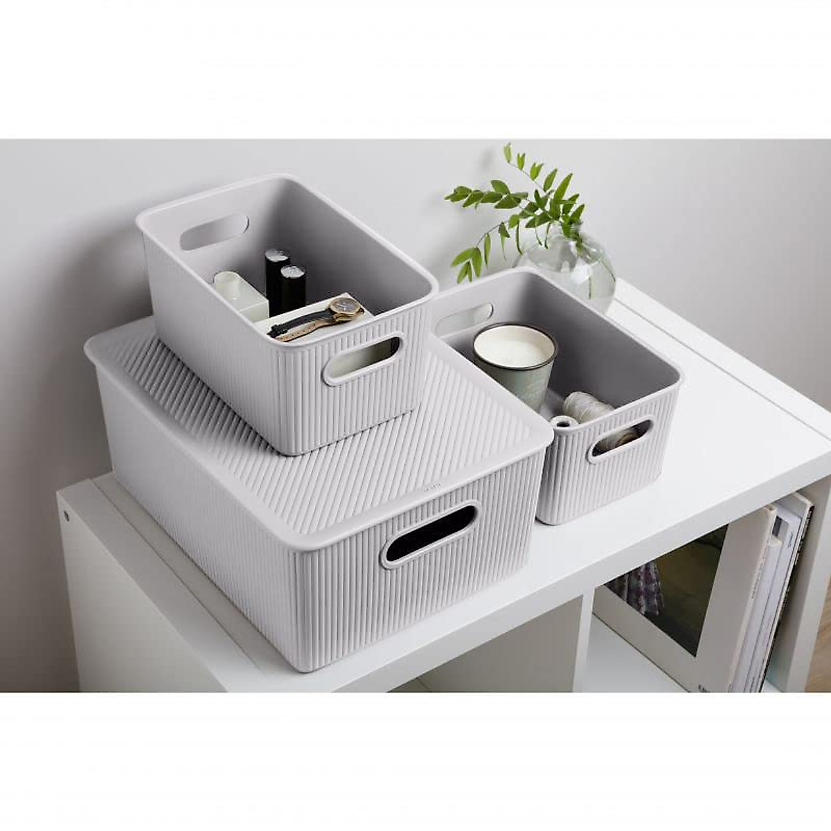 Superio Decorative Plastic Lidded Home Storage Bins Organizer Baskets, Large White Smoke (1 Pack - 15 Liter) Stackable Container Box, for Organizing Closet Shelves Drawer Shelf - Ribbed Collection