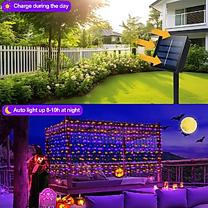 Purple Orange Solar Halloween Curtain Lights Outdoor 300 LED 19.6ft(L)x3.3ft(H) Vertically Extra Length Lights Curtain 8 Versatile Modes Waterproof for Halloween Holiday Decoration Fence Yard Garden