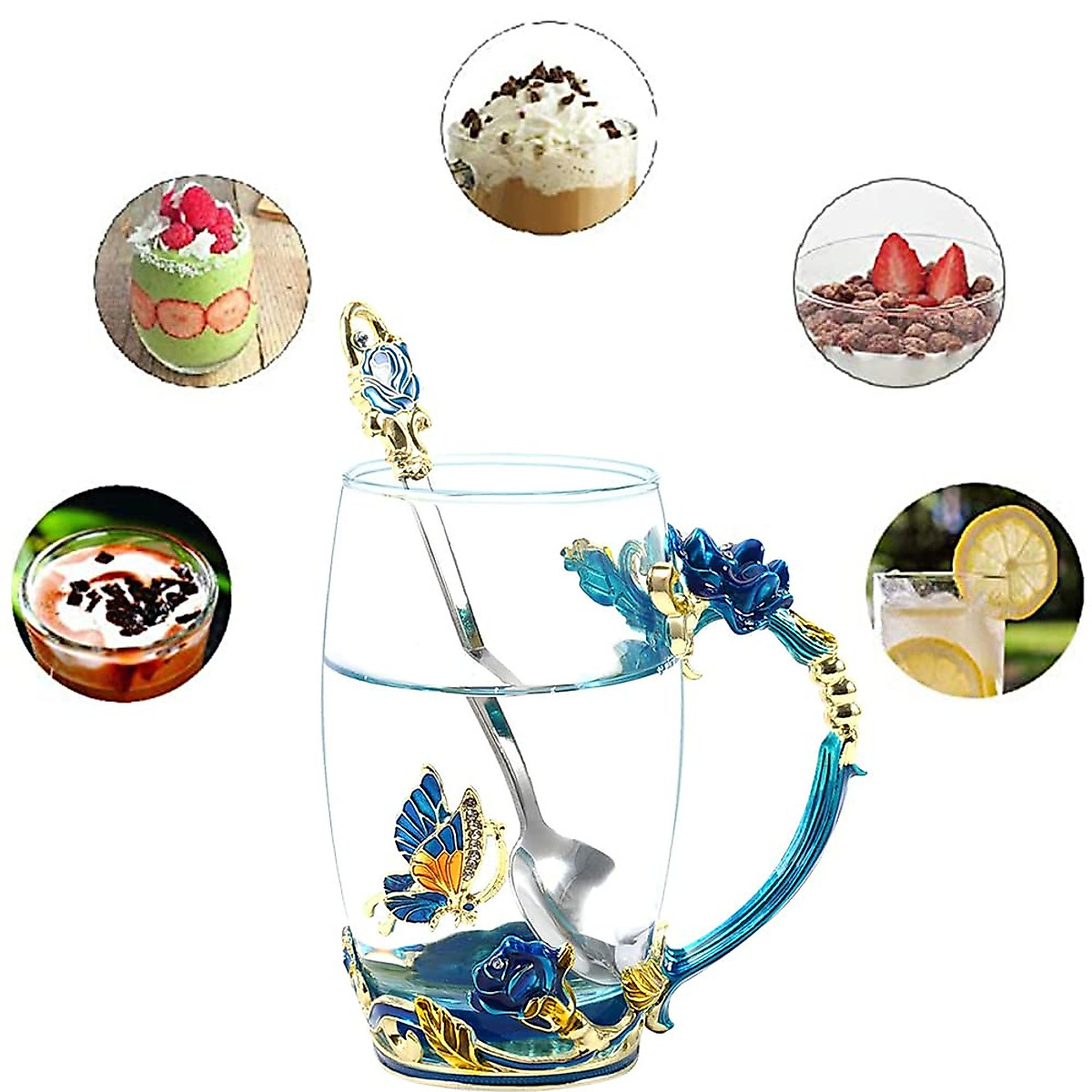 DasyFly Birthday Gifts For Women,Butterfly Flower Glass Tea Cup Sky Blue Rose Coffee Mug For Women Mom Wife Sister Coworker Female Friend on Anniversary Valentines Mothers day Christmas Presents