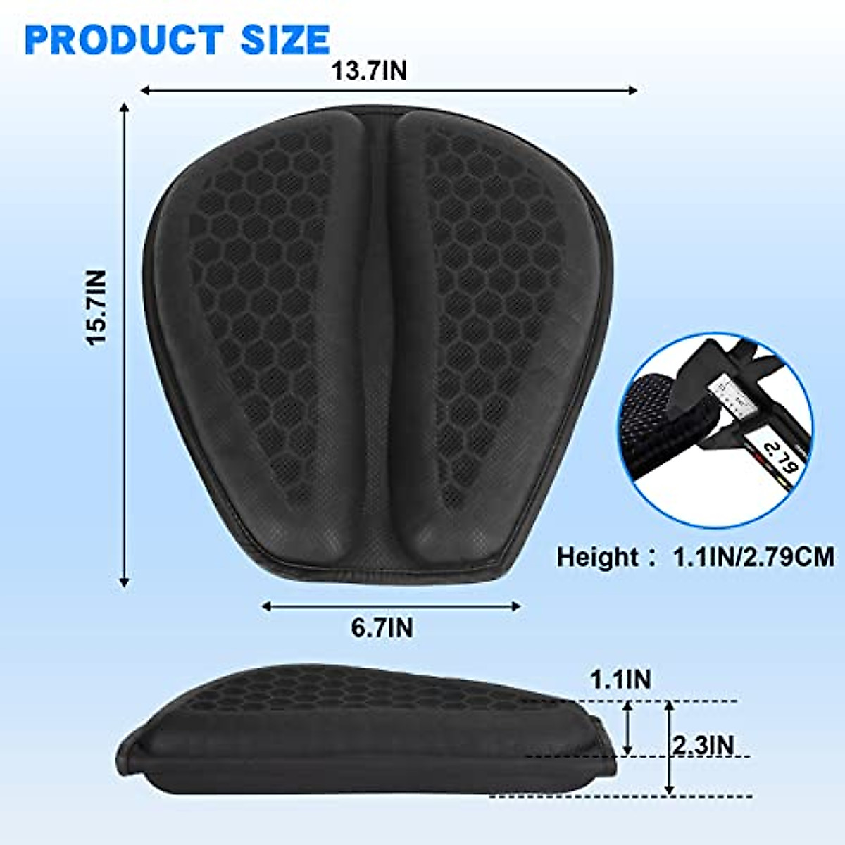 WDG Motorcycle Seat Cushion Pad 3D Honeycomb High Elasticity Gel Material Comfortable Breathable Shock Absorption for Long Rides Seat Cushion Motorcycle Accessories-Black
