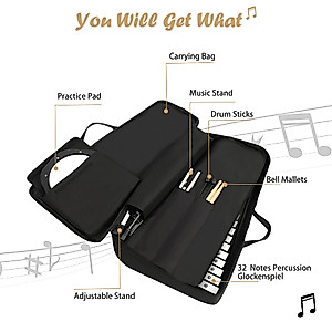 TOLEAD 32 Notes Glockenspiel Kit Xylophone Bell Percussion Instruments with Adjustable Height Stand, Practice Pad Mallets & Wooden Drumsticks, Portable Carrying Bag