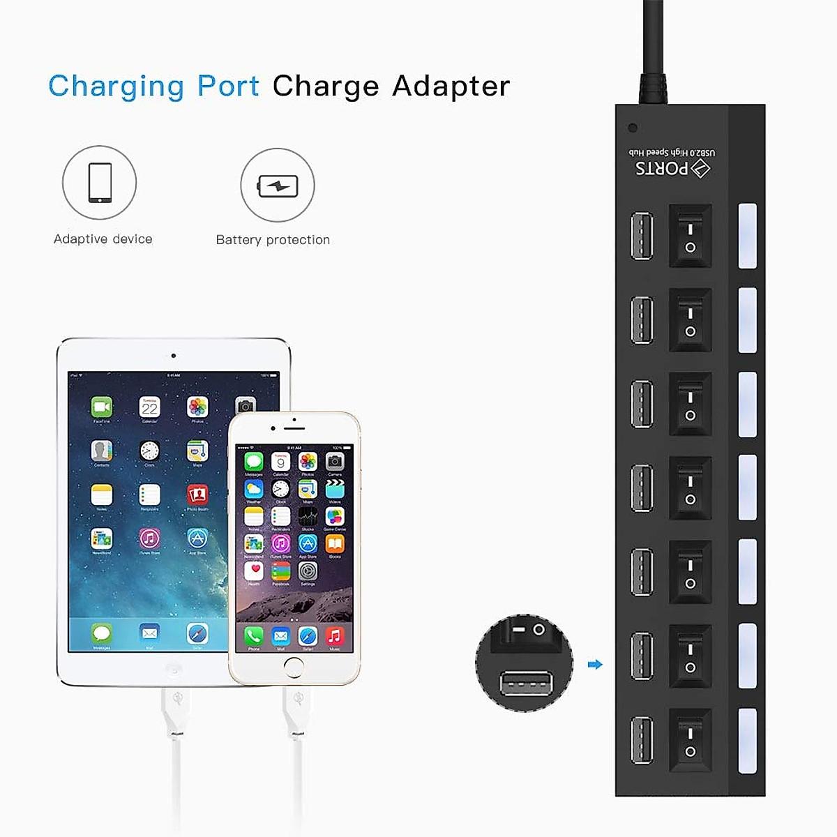 Lysee Data Cables - 7 Ports Micro Hub USB Splitter High Speed USB Hub 2.0 480Mbps On Off Switch USB Splitter Adapter For PC Laptop Computer USB Hub - (Color: White)