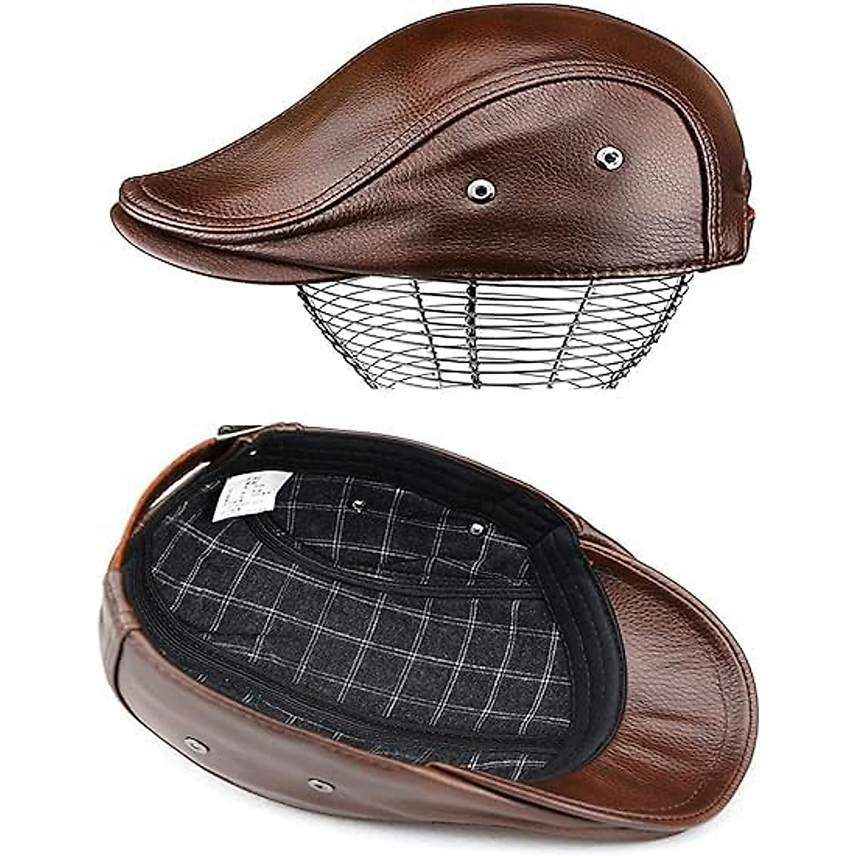 HAEAUL Men's Adjustable Leather Newsboy Hat Beret Hat Driving Hunting Fishing Hat Genuine Leather Ivy Cap Fashion Beret Hat Flat Cap. (Brown)