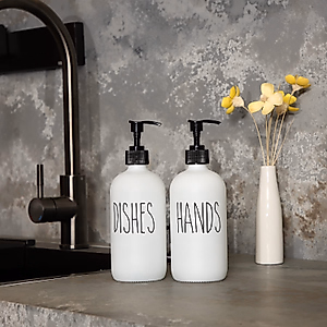 MOMEEMO Soap Dispenser Set 2 Pack, Contains Dish Soap Dispenser and Hand Soap Dispenser. 16 Oz Glass Soap Dispenser with Black Plastic Pumps. (White)