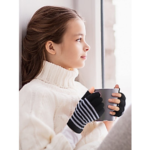 4 Pairs Fingerless Gloves Unisex Half Finger Gloves Striped Knit Stretchy Winter Gloves for Women Men Cold Weather (Striped Style)