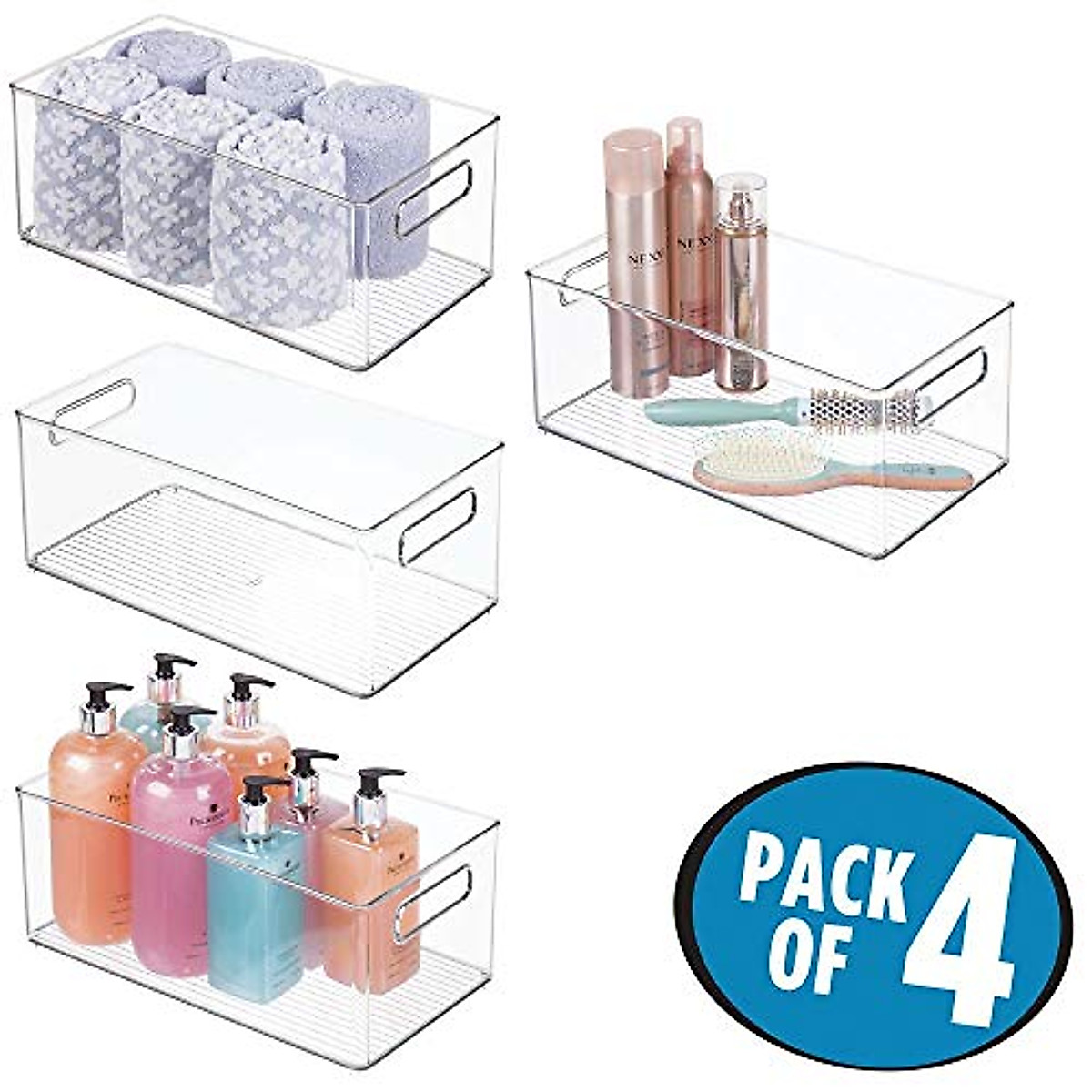 mDesign Deep Plastic Storage Organizer Container Bin, Bath and Shower Organization for Cabinet, Cupboard, Shelves, Counter, or Closet - Holds Shampoo, Vitamins, Ligne Collection, 4 Pack, Clear