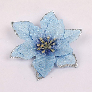 Christmas Glitter Flower Ornaments,Jchen 20Pcs Glitter Christmas Tree Ornaments Artificial Christmas Flowers Christmas Tree Decoration Flower for Home Party Wedding Decorations (Blue)