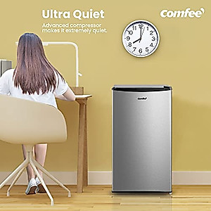 COMFEE' CRM33S3AST Cubic Feet Compact Singel Door Mini Fridge for Bedroom Office Garage Studio Dorm with 3 Removal Glass Shelves Stainless Steel Refrigerator, 3.3 Cuft, Silver