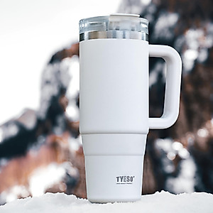 Tyeso 30 oz Tumbler with Handle, Straw and Lid - Leak Resistant Insulated Stainless Steel Water Bottle, Car Cup Holder Friendly Travel Coffee Mug White - Gifts for Men & Women