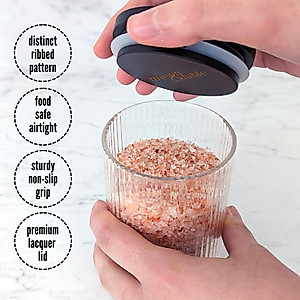 Mason & Fable Ribbed Glass Bathroom Jars with Airtight Black Bamboo Lids | Cotton Pad/Swab/Q tip Holder | Bath Salt/Small Makeup/Clear Vanity Apothecary Storage Canister Organizer – 10 fl oz, Set of 2