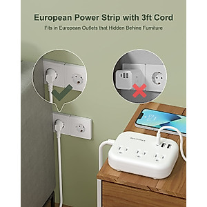 European Travel Plug Adapter with USB C, ROOTOMA Outlet Converter US to Europe 3 Outlets 3 USB Ports, International Power Strip for EU Spain France Germany Iceland Greece, 3ft, White