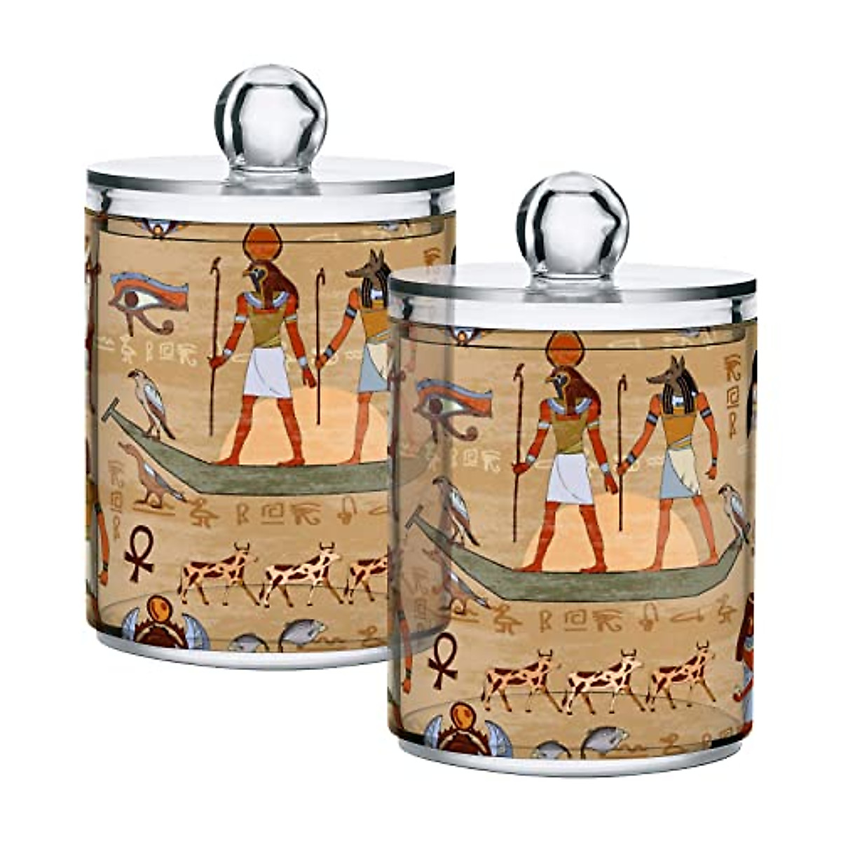 KEEPREAL Funny Egyptian Mural Qtip Holder Dispenser with Lids, 2PCS Plastic Food Storage Canisters, Apothecary Jar Containers for Vanity Organizer Storage