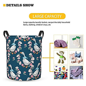 Delerain Cute Goose and Flowers Laundry Basket, Waterproof Laundry Hamper with Handles, Collapsible Toy Bins Dirty Clothes Round Storage Basket for Home Bathroom Office Nursery, 19.6X15.7(M)