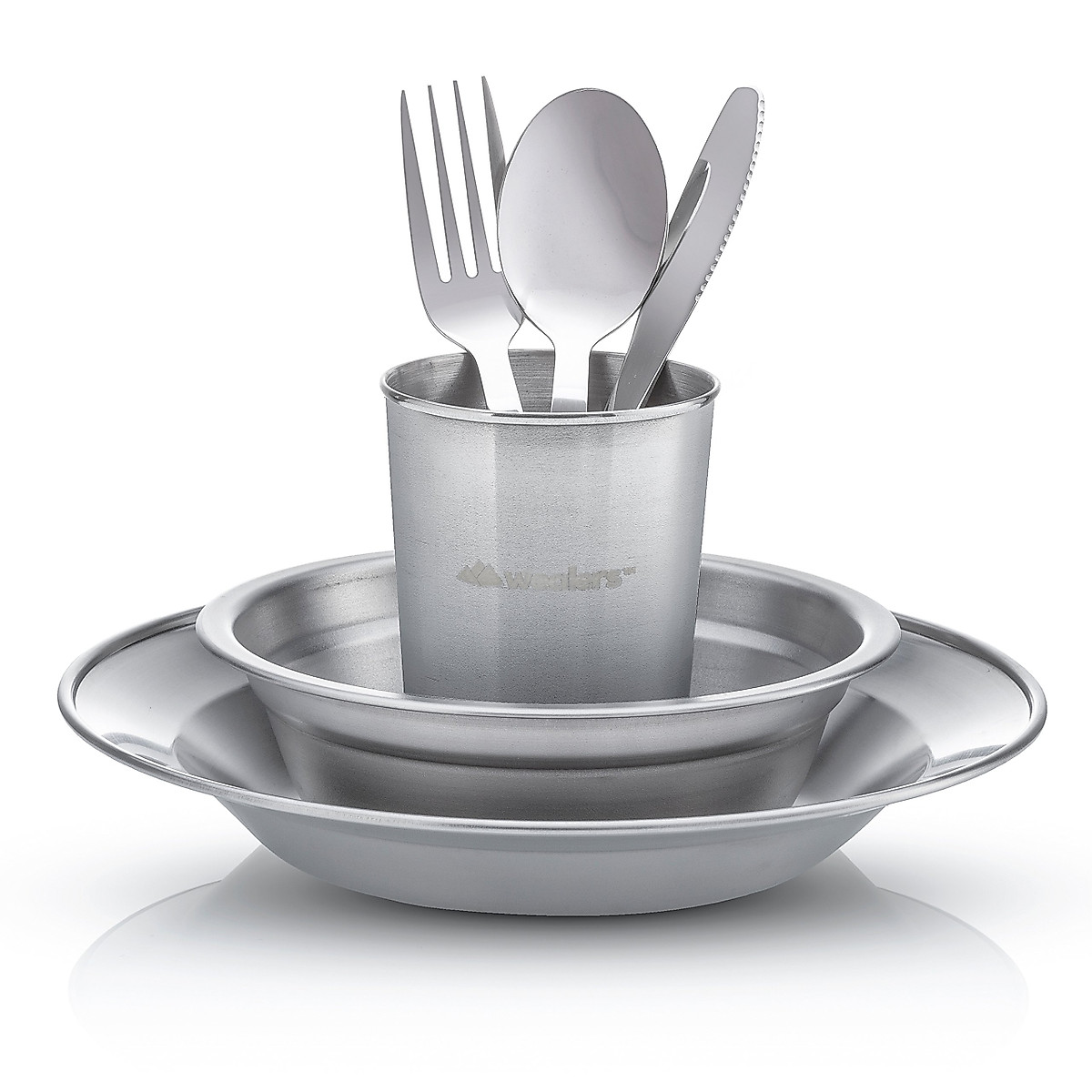 Unique Complete Messware Kit Polished Stainless Steel Dishes Set| Tableware| Dinnerware| Camping| Includes - Cups | Plates| Bowls| Cutlery| Comes in Mesh Bags (Single Person Green)