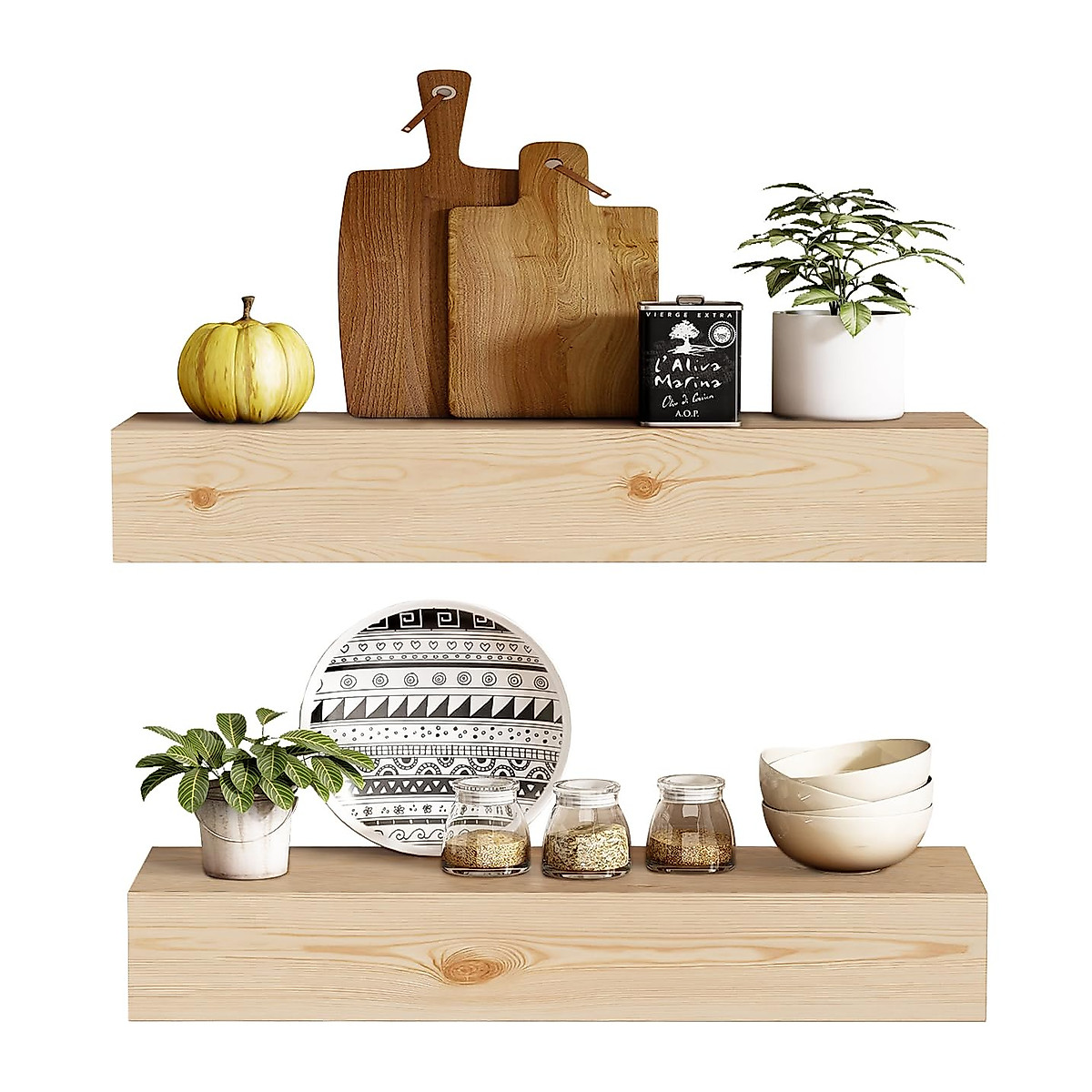 ROOREVO Wall Floating Shelves, Rustic Wood Shelf for Wall Mounted - Wooden Handmade Shelves for Bathroom Kitchen Livingroom - No Stain - DIY(Unfinished, 17 Inch - 2 Pack)