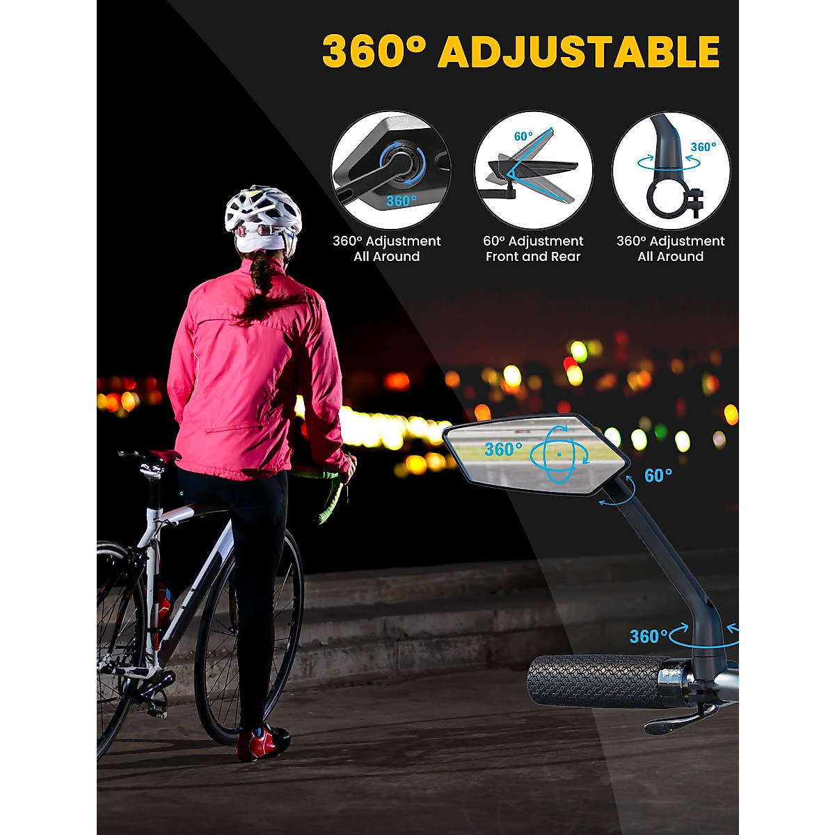 ROTOPATA Bike Mirror Handlebar Mount 1 Pair, 360° Adjustable HD Scratch Resistant Glass Lens, Safe E-Bike Mirror, 21-32mm Handlebar, Bicycle Mirrors Accessories for Ebike Mountain Road Bike Scooter