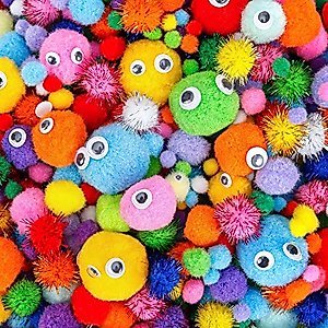 Caydo 1050Pcs Multicolor Pom Poms, Assorted Sizes & Colors Craft Pompom Balls with 150pcs Wiggly Eyes for Kids Arts and Craft Projects and Decorations