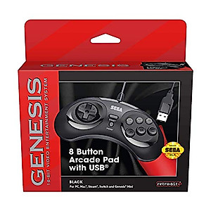 Retro-Bit Official Sega Genesis USB Controller 8-Button Arcade Pad for Sega Genesis Mini, Switch, PC, Mac, Steam, RetroPie, Raspberry Pi - USB Port (Black)