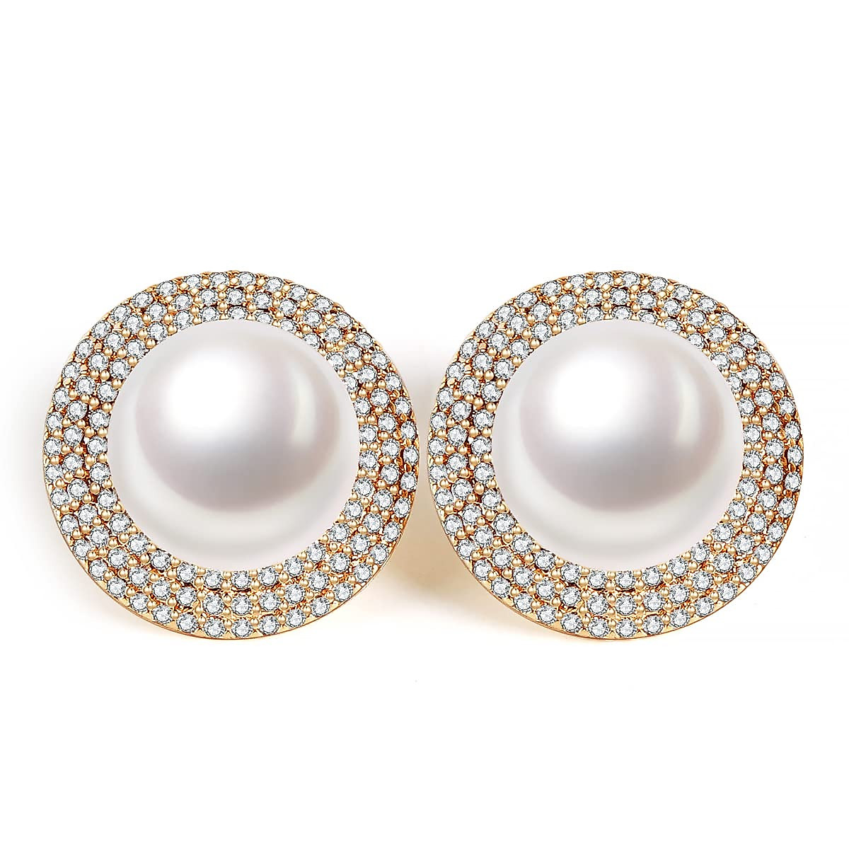 Guptue S925 Silver needles Pearl button stud earrings cultured freshwater pearl Cubic zirconia stud Earrings Birthday Gifts Women's Stud Earrings,Round 10-11mm pearl earrings (White)