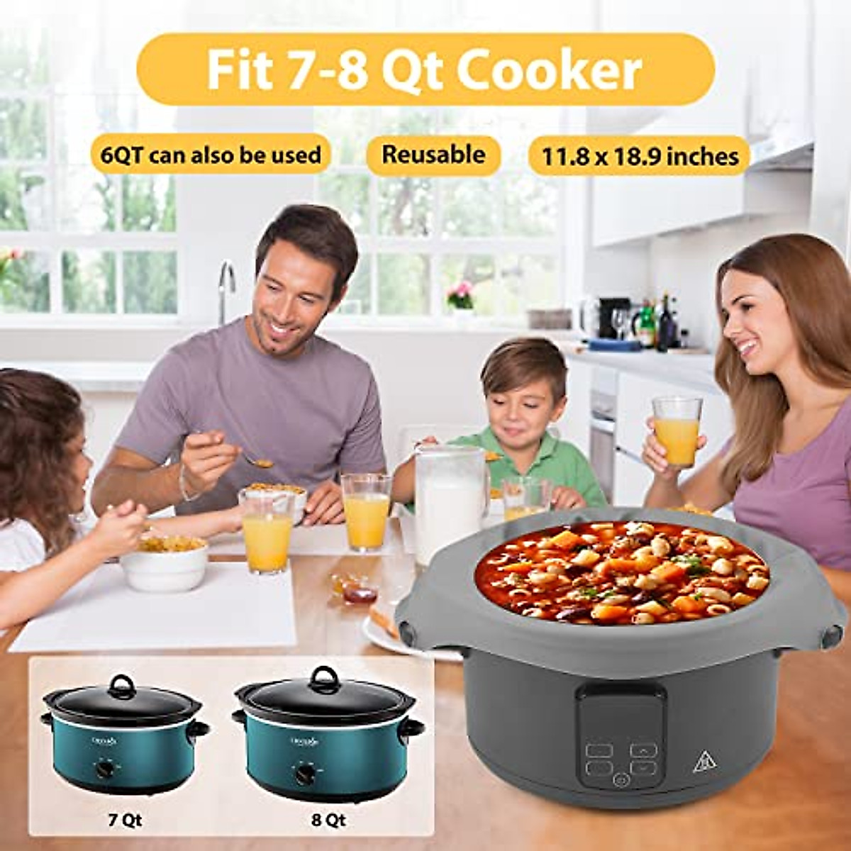 XOUDOOH Silicone Slow Cooker Liners for Crockpot & Hamilton Beach 8QT, Reusable/BPA Free/Leakproof/Slow Cooker Accessories Cooking Liner for 7/8 Quart Slow Cooker(Red/Grey)