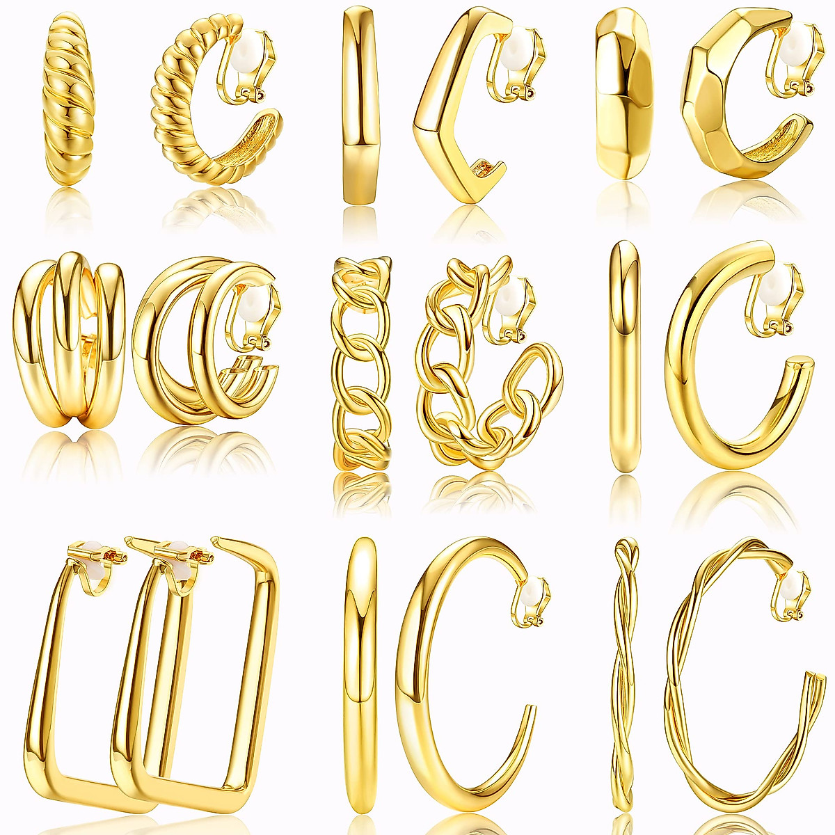 JOERICA 9 Pairs Clip On Hoop Earrings for Women Gold Chunky Hoop Earrings Set Clip-on Earrings Non Pierced Earrings Fake Earrings for Women