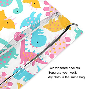 Moudou 2pcs Dinosaur Wet Dry Bag Waterproof Reusable Baby Cloth Diaper Wet Dry Organizer with Two Zippered Pockets for Travel, Beach, Pool, Stroller, Diapers, Dirty Gym Clothes, Wet Swimsuits