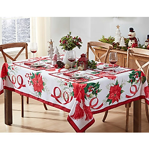 Home Bargains Plus Holiday Tassels Provence Christmas Fabric Tablecloth, French Country Holiday Poinsettia Garland Stain Resistant Easy Care Xmas Tablecloth, 60 Inch x 144 Inch Oblong/Rectangle