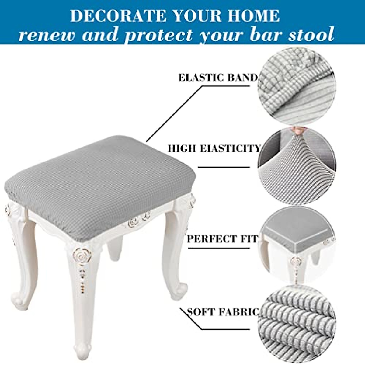 Stool Covers Rectangle,4 Pack Stretch Rectangle Bar Stool Covers Jacquard Vanity Stool Cover Washable Counter Stool Covers Saddle Seat Cover with Elastic Band for Wooden Metal Bench(Light grey)