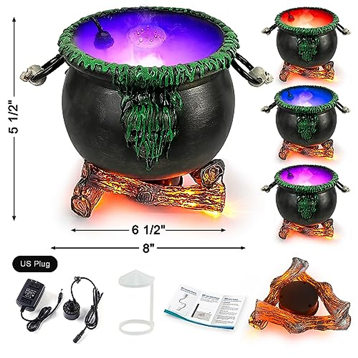 Cauldron Halloween Decor 8" Witch Plastic Cauldron with 12 LED Mist Maker & Splash Guard & Glowing Charcoal Base, Perfect for Halloween Party Decoration Witch Cauldron Decor Haunted House Props
