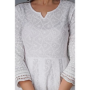 Chikankari Cotton Anarkali Indian Kurti For Women Summer Dress Kurta Pant With Dupatta Set Pakistani Long Kurta-(XXL) White