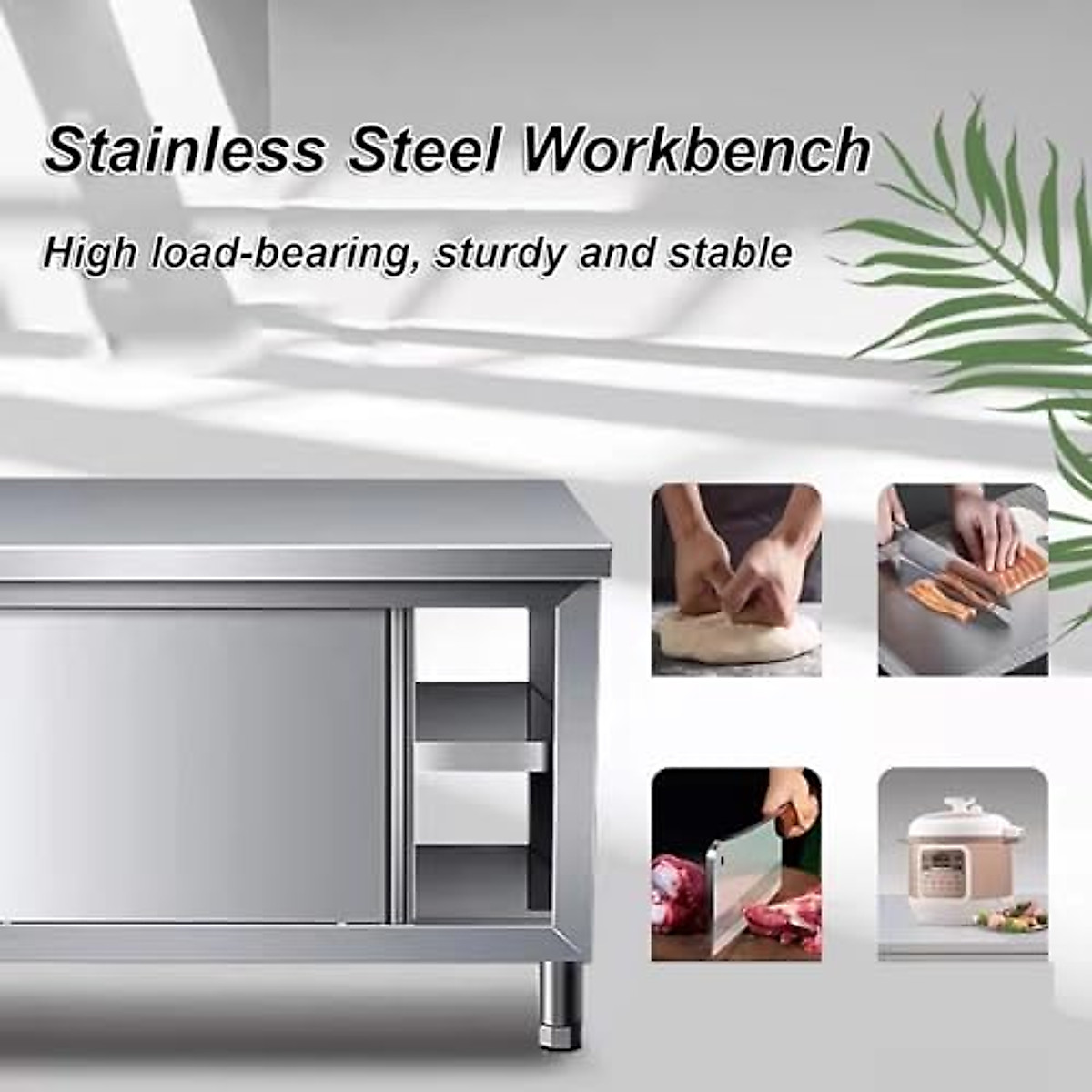 Commercial Kitchen Storage Work Table Thickened Stainless Steel Material Preparation Table Large Space Storage Cabinet Chopping Table Metal Table Sturdy and Stable(100x50x80cm)