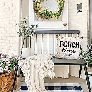 DFXSZ Summer Retro Outdoor Throw Pillow Covers 18x18 Inch Set of 4 Welcome to Our Porch Sign and Breathe Letter Decor Pillow Covers for Swing Garden Hammock Chair Sofa