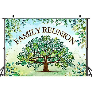 Wollmix Family Reunion Decorations Backdrop Banner Family Tree Leaves Members Welcome Signs Photography Background Gathering Gold and Green Supplies Photo Booth Banner Props 7x5ft