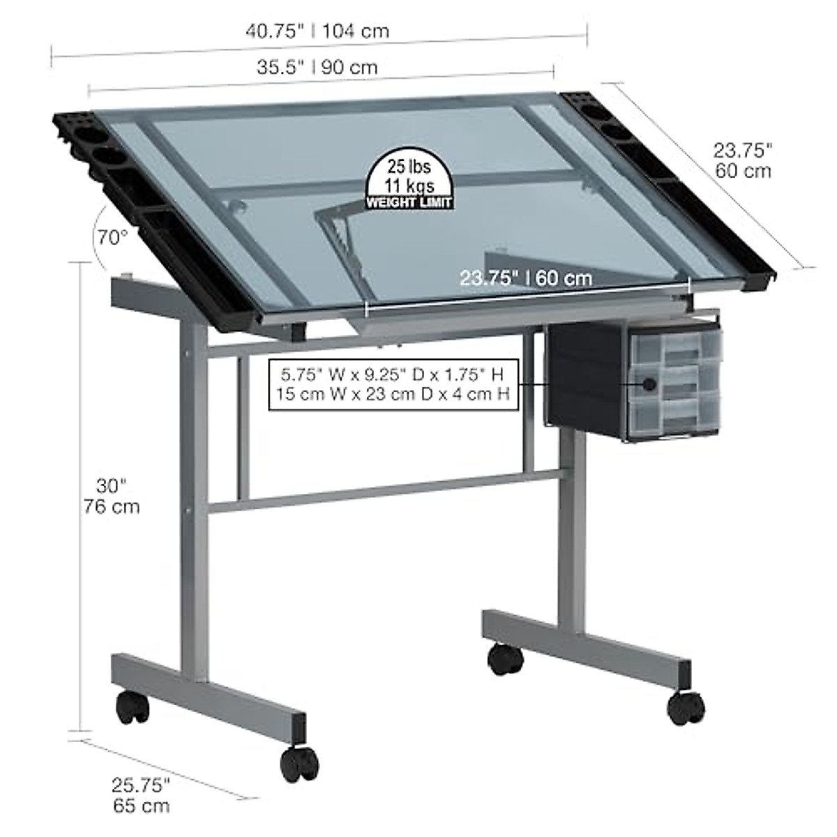 Studio Designs Vision Craft and Drawing Station - 35.5" W by 23.75" D Silver-Blue Glass Top Drafting Table with Pencil Drawers, Side Trays, & Built-In Pencil Ledge - Angle Adjustable Work Surface