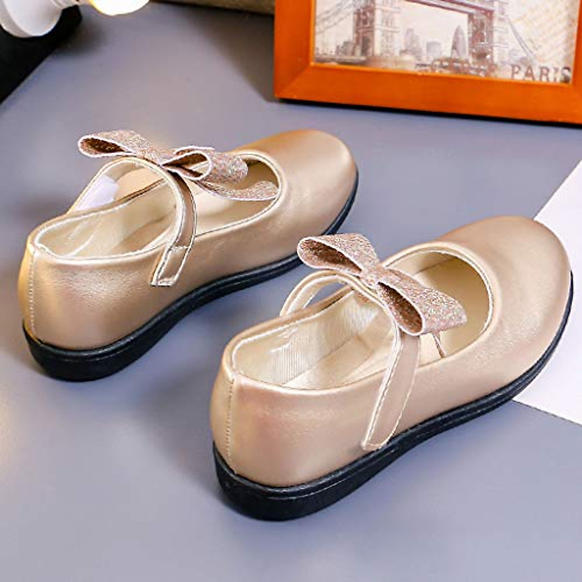 Diufon 2019 Spring and Autumn New Single Shoes Children Shoes Princess Shoes Soft Bottom Bow Peas Shoes Little Girls Flat Shoes Sandals (5-5.5 US M Little Kids, Gold)
