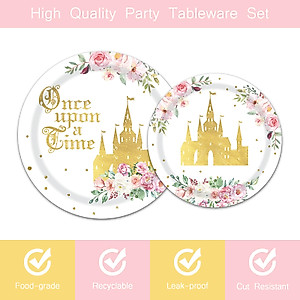 Girl Fairytale Princess Birthday Tableware Party Supplies Serves 24 Guests Once Upon a Time Pink Floral Gold Castle Plates Napkins Forks for Girls Birthday Party Decoration Supplies