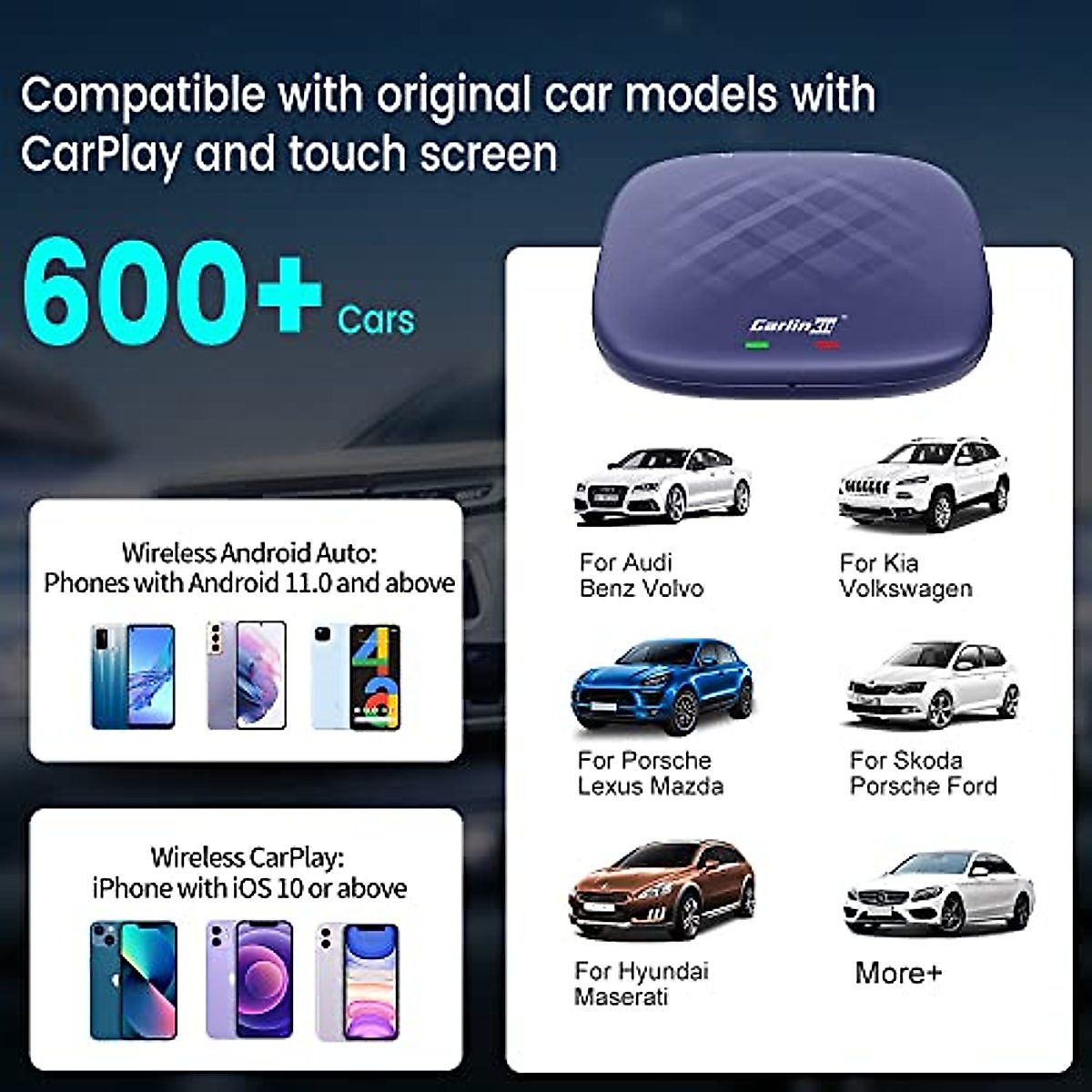2023 Carlinkit Ai Box Max Android 12, 3 -in -1 for OEM Cable Upgrade CarPlay Android Auto Wireless, 8 core 8+128GB, Built -in GPS Video Music Supports Google Play
