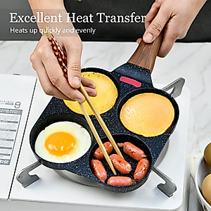 4-Cup Egg Pan Nonstick for Breakfast Brunch, Pancake Pan with Turner and Brush, Non Stick Egg Frying Pan, Granite Coating Mini Egg Cooker Pan, Small Egg Skillet Suitable For Gas Stove & Induction Top