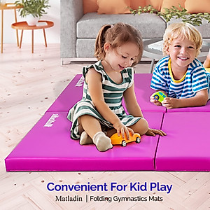 Matladin 6' Folding Tri-fold Gymnastics Gym Exercise Aerobics Mat, 6ft x 2ft x 2in PU Leather Tumbling Mats for Stretching Yoga Cheerleading Martial Arts (Purple)