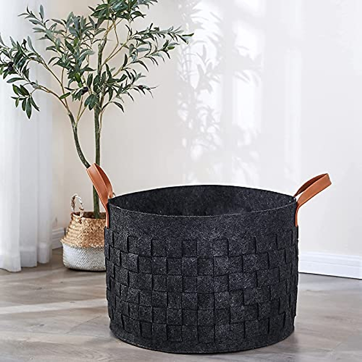 boldmonkey Blanket Basket, 20"x 20"x13" XXXLarge Felt Laundry Baskets Nursery Storage Living Room Round for Toy, Clothes, Kids, Bedroom(Dark Gray)