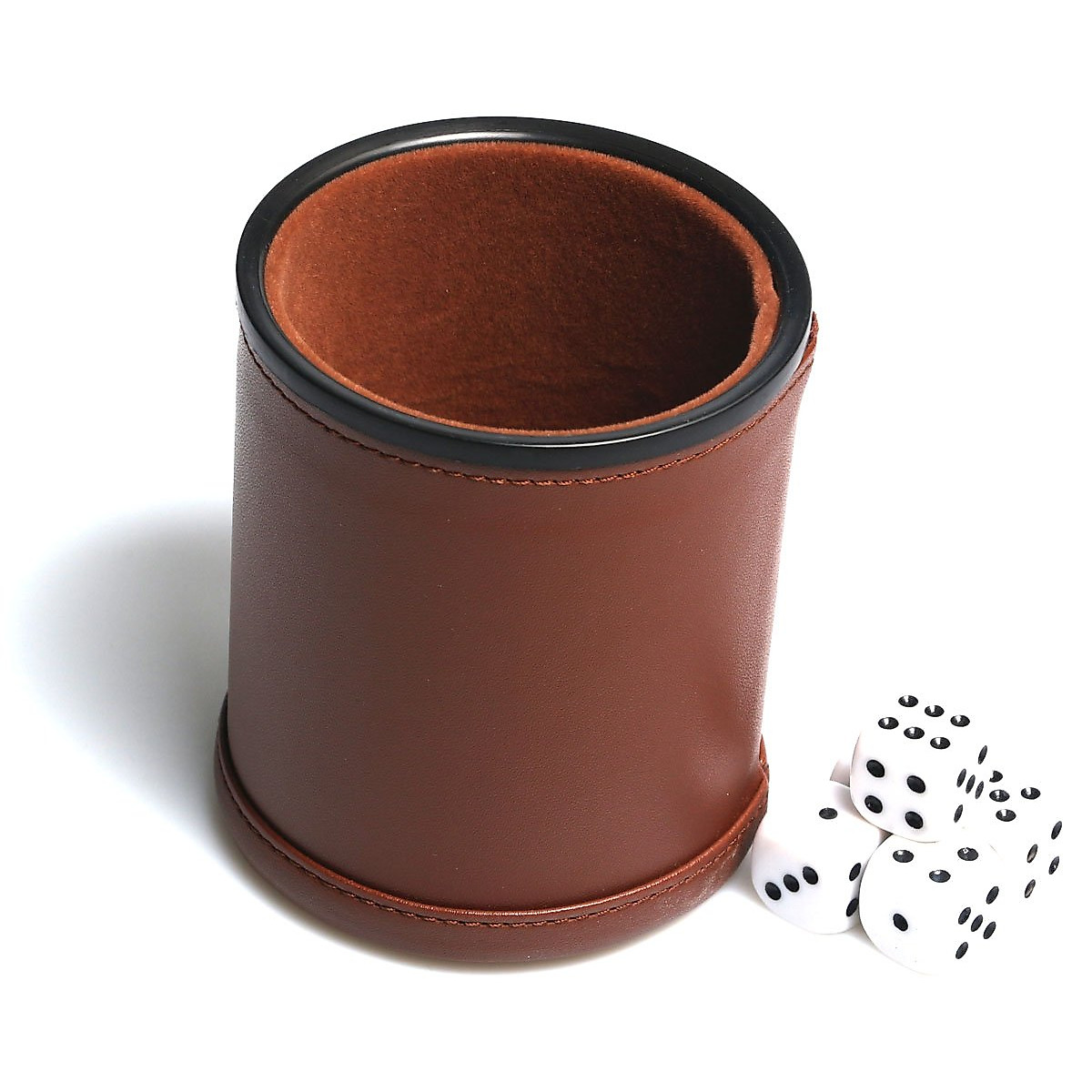 RERIVER PU Leather Dice Cup Set Felt Lining Quiet Shaker with 5 Dot Dices for Farkle Yahtzee Games, 2 Pack (Brown)