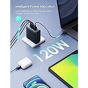 oraimo USB C Charger, HyperGaN 120W Charger, PPS 4-Port Fast Compact Foldable Wall Charger Suitable for MacBook Pro/Air, iPad Pro, Galaxy S22/S21 (Blue)