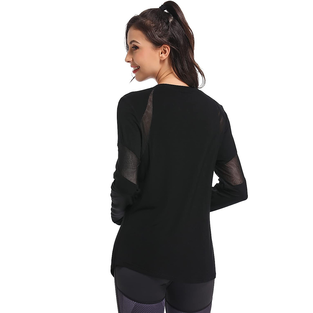 Muzniuer Long Sleeve Workout Tops for Women Gym Exercise Athletic Shirts Long Sleeve Yoga Shirts Loose Sports Shirts with Thumb Hole Running Activewear for Women Black L