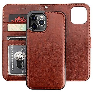 Bocasal Compatible with iPhone 12 Pro Max Wallet Case with Card Holder PU Leather Magnetic Detachable Kickstand Shockproof Wrist Strap Removable Flip Cover 6.7 inch (Brown)