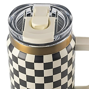 Thymes & Tables Tumbler with Handle, Dual Straw Lid, Stainless Steel Double Wall Insulated, Cream & Black, 32oz